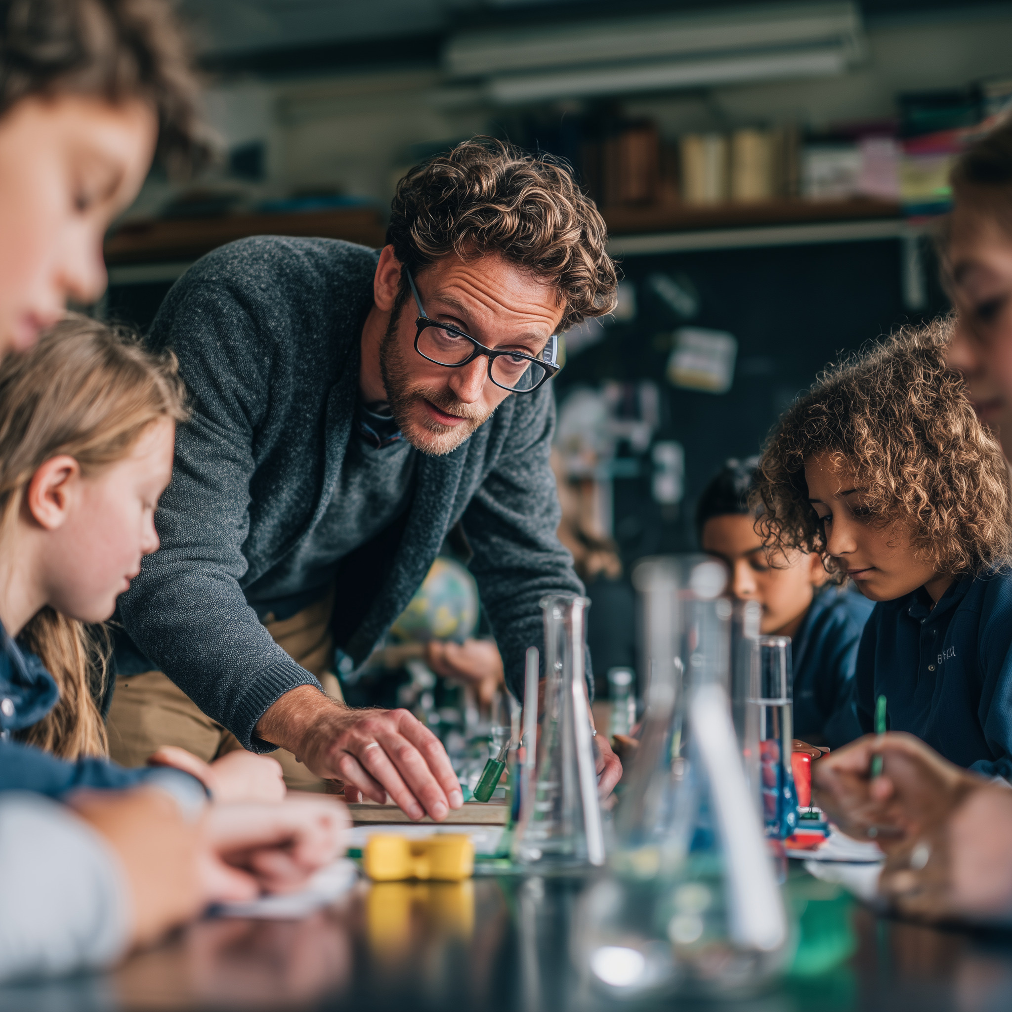 Male Teacher Leading Science Experiment with Students in Classroom ...
